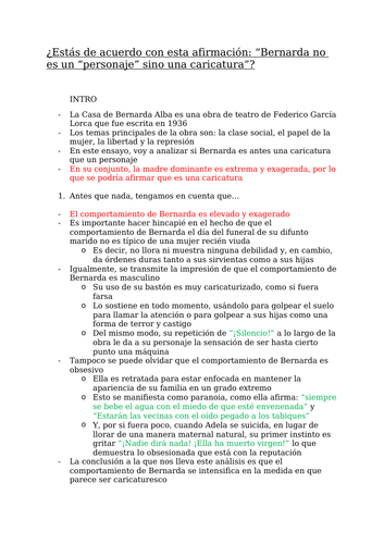 Essay plan for A level Spanish La Casa de Bernarda Alba | Teaching ...