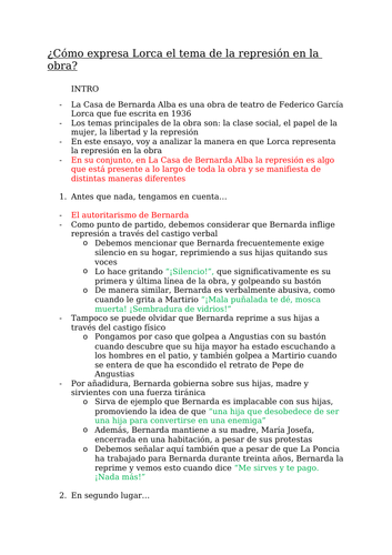 Essay plan for A level Spanish La Casa de Bernarda Alba | Teaching ...