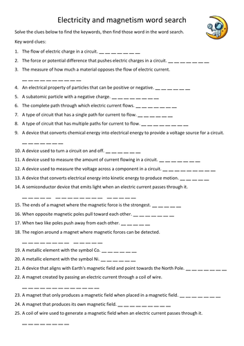 Electricity & Magnetism KS3/4 word search | Teaching Resources