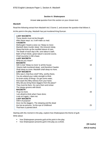 Macbeth Act 2.2 Exam Question Lesson on Guilt (AQA) | Teaching Resources