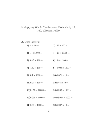 Multiplying Whole Numbers and Decimals by 10, 100, 1000 and 10000 Worksheet No 2 (with solutions ...