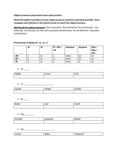 Subject pronouns and present tense quick practice | Teaching Resources