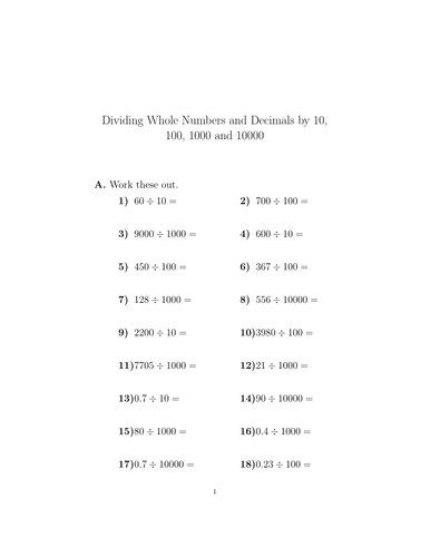 Dividing Whole Numbers and Decimals by 10, 100, 1000 and 10000 ...
