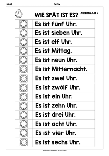 GERMAN TELLING TIME O'CLOCK WORKSHEETS FREEBIE | Teaching Resources