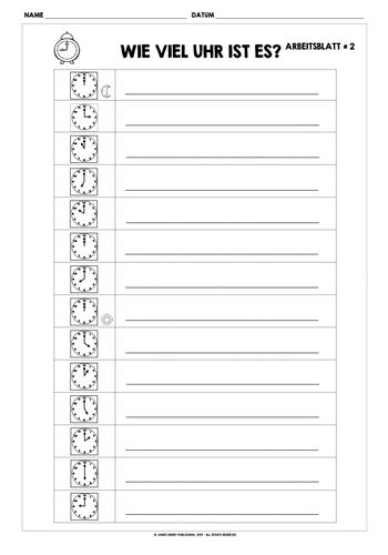GERMAN TELLING TIME O'CLOCK WORKSHEETS FREEBIE | Teaching Resources