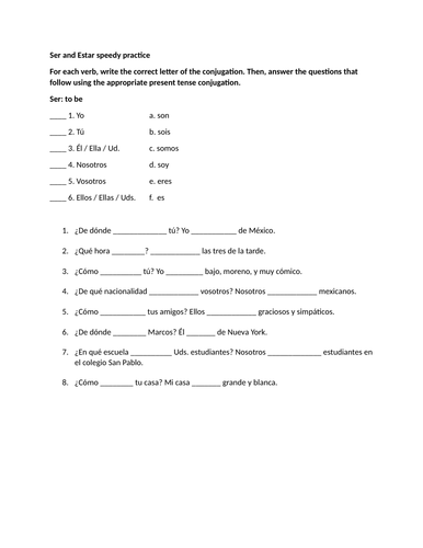 Ser and Estar speedy practice | Teaching Resources
