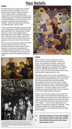 Nazi Control, Beliefs, Propaganda Worksheet + Reading | Teaching Resources