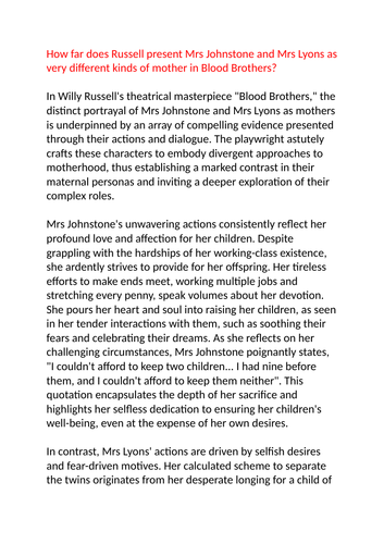 Blood Brothers Grade 9 Mrs Johnstone and Mrs Lyons | Teaching Resources