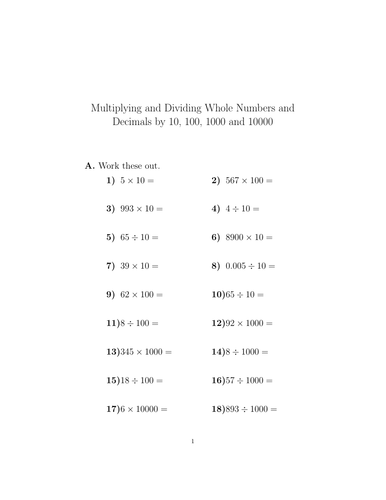 Multiplying and Dividing Whole Numbers and Decimals by 10, 100, 1000 ...