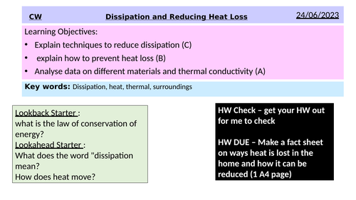 Dissipation and reducing heat loss - PHYSICS GCSE | Teaching Resources