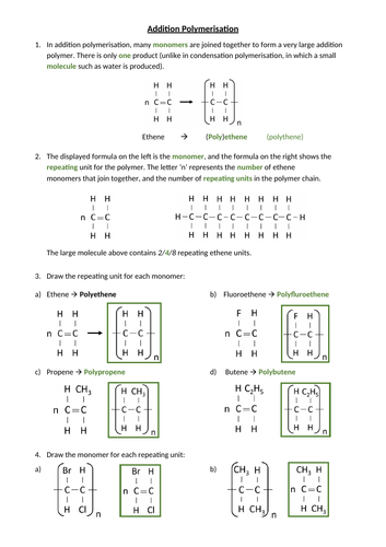 Addition and Condensation Polymerisation Worksheets with Answers ...