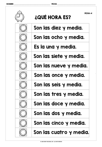 SPANISH TELLING THE TIME HALF PAST WORKSHEETS FREEBIE | Teaching Resources