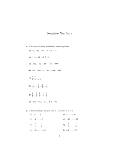 Introduction to Negative Numbers Worksheet No 2 (with solutions ...