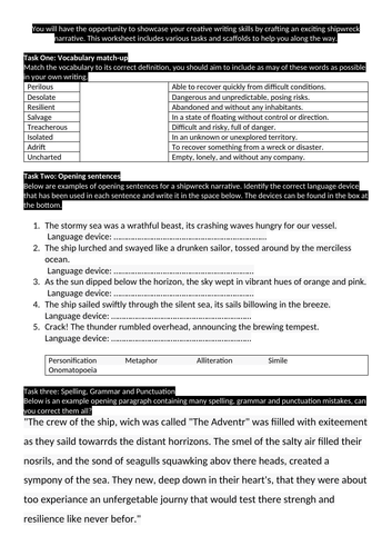 KS3 Narrative Writing Cover: The Shipwreck | Teaching Resources