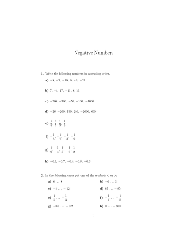 Introduction to Negative Numbers Worksheet No 3 (with solutions ...