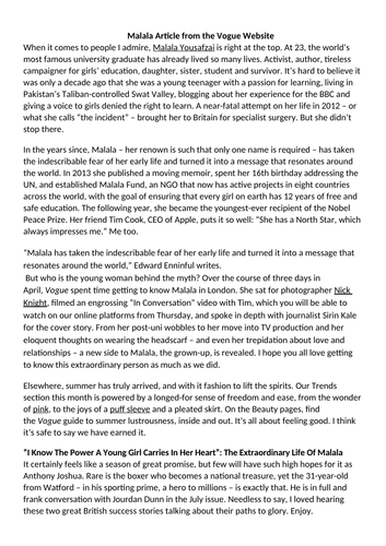 Eduqas GCSE Media VOGUE Magazine Malala Yousafzai 2021 Front Cover (55 ...