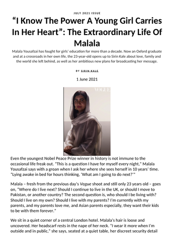Eduqas GCSE Media VOGUE Magazine Malala Yousafzai 2021 Front Cover (55 ...