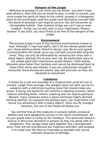 Jumanji Survival Guide Writing Sequence | Teaching Resources