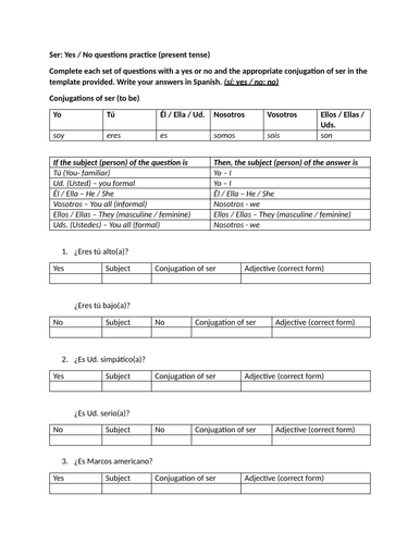 Ser: Yes / No questions practice (present tense) | Teaching Resources