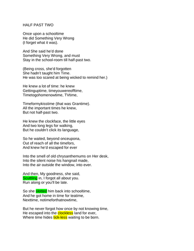 iGCSE POETRY ANTHOLOGY ENGLISH LITERATURE "Half Past Two" Teacher ...