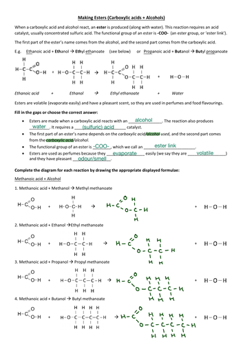Reaction of Carboxylic Acids + Alcohols (Producing Esters) Worksheet ...