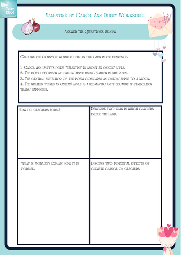 Valentine by Carol Ann Duffy Worksheet | Teaching Resources