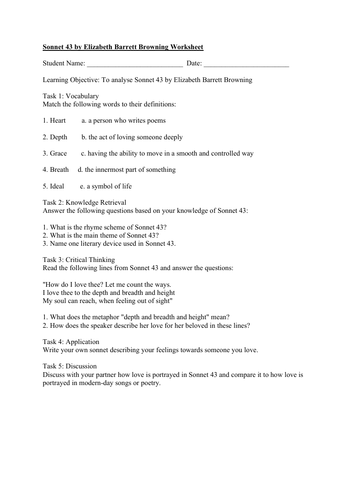 Sonnet 43 by Elizabeth Barrett Browning Worksheet | Teaching Resources