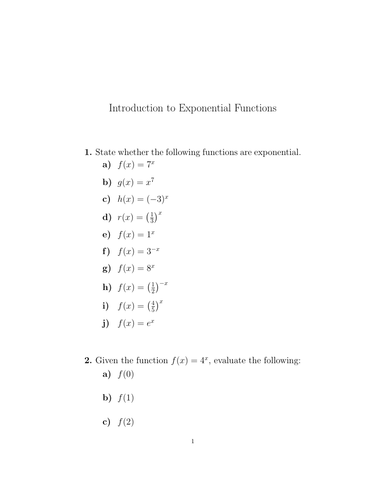 Introduction to Exponential Functions Worksheet No 2 (with solutions ...