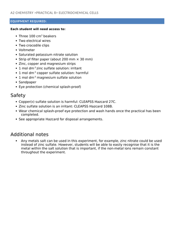 AQA A Level Chemistry Required Practical 8 - Electrochemical Cells | Teaching Resources