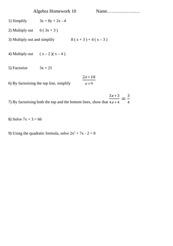 Algebra Homeworks Set of 10 | Teaching Resources