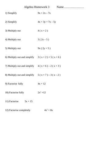 Algebra Homeworks Set of 10 | Teaching Resources