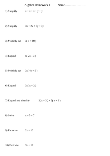 Algebra Homeworks Set of 10 | Teaching Resources