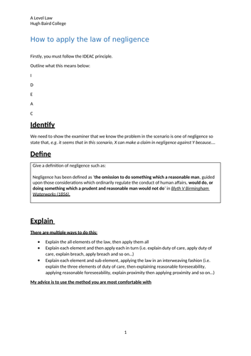 Tort of Negligence - Complete Topic (A Level Law) | Teaching Resources