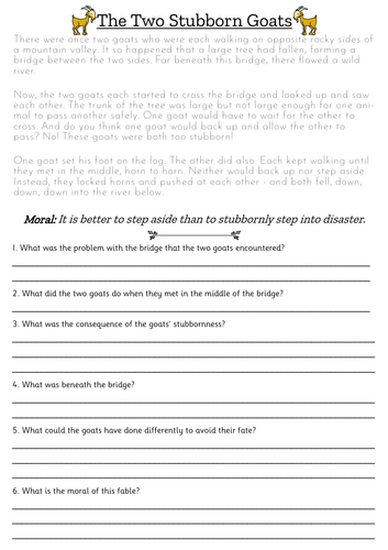 Fables Reading Comprehension A | Teaching Resources