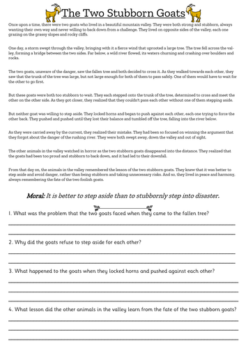 Fables Reading Comprehension A | Teaching Resources