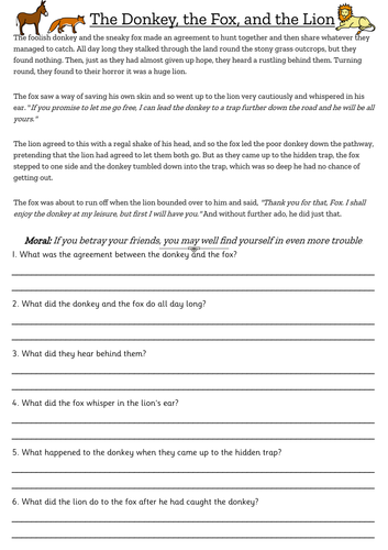 Fables Reading Comprehension A | Teaching Resources