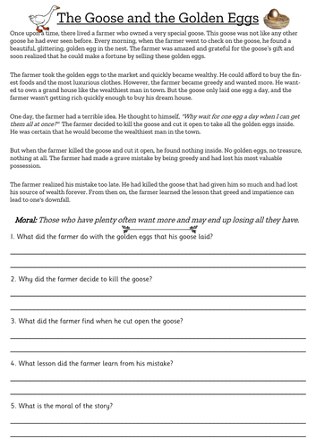 Fables Reading Comprehension A | Teaching Resources