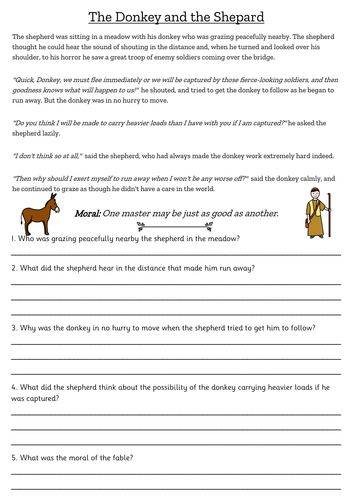 Fables Reading Comprehension A | Teaching Resources
