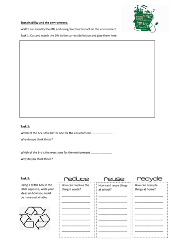 Sustainability & 6Rs cover worksheet and resources | Teaching Resources