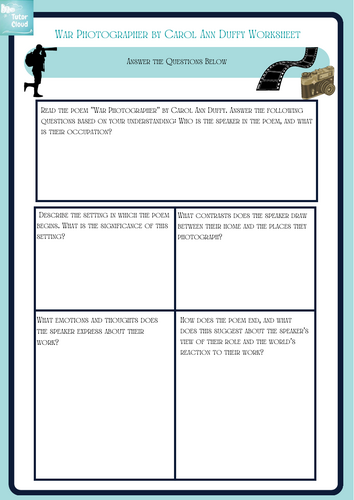 War Photographer by Carol Ann Duffy Worksheet | Teaching Resources