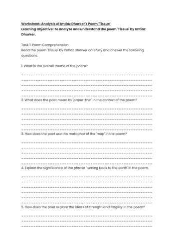 Analysis of Imtiaz Dharker's Poem 'Tissue' | Teaching Resources
