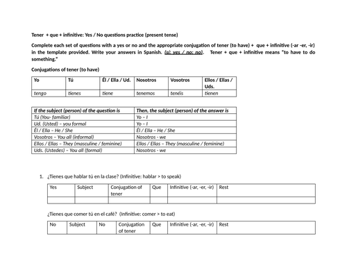 Tener + que + infinitive: Yes / No questions practice (present tense ...