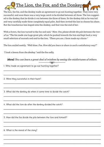 Fables Reading Comprehension B | Teaching Resources