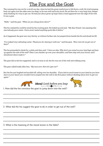 Fables Reading Comprehension B | Teaching Resources