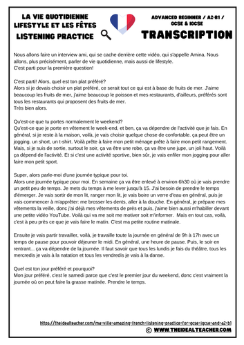 Daily Life, Lifestyle and Festivals - GCSE French Listening Practice ...
