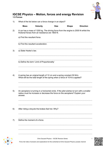 IGCSE and GCSE Physics Revision worksheets - Motion, Forces and Energy ...
