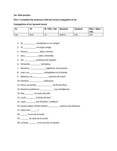 Ser: Mini practice | Teaching Resources
