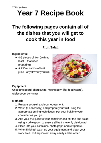 Year 7 (Y7) food recipe book | Teaching Resources