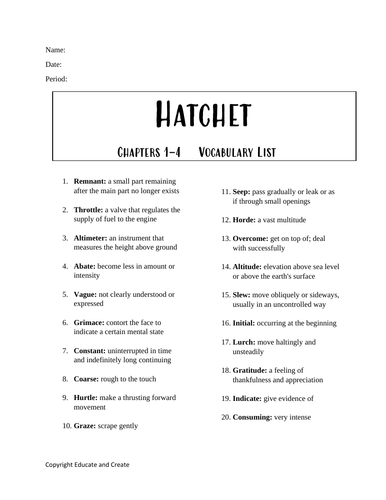 Hatchet Vocabulary Lists and Quizzes | Teaching Resources
