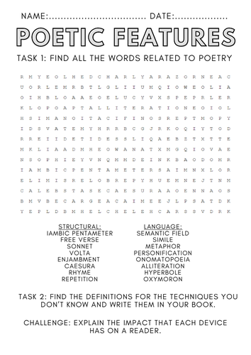 Poetry Features wordsearch worksheet | Teaching Resources